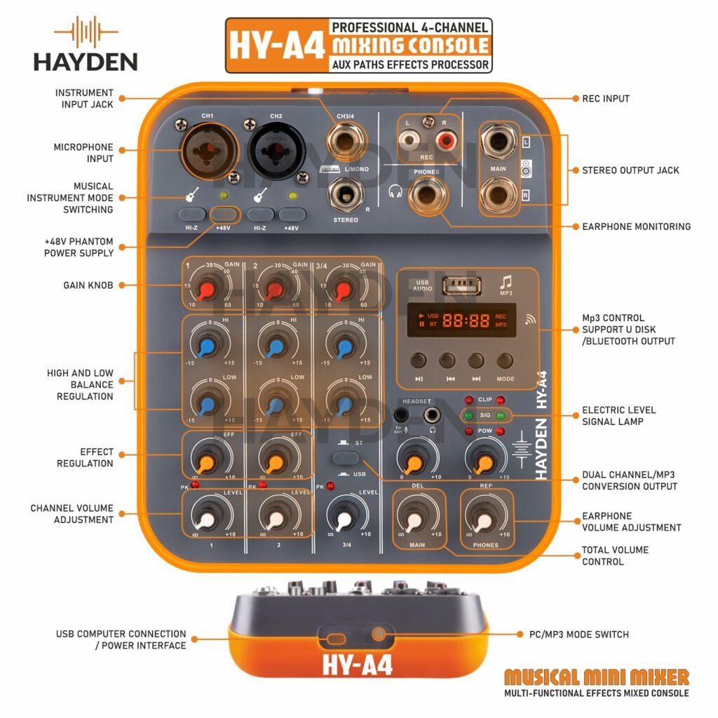 HAYDEN HY-A4 4-Channel DJ Mixer with Bluetooth & USB